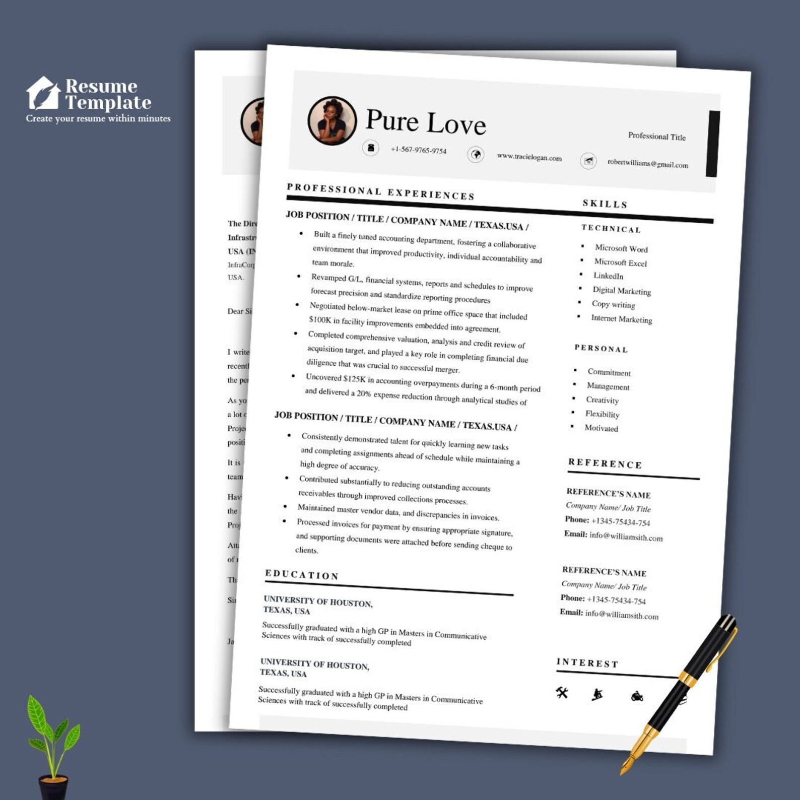 Modern Resume Template, Word Resume Template File, Professional Quick ...