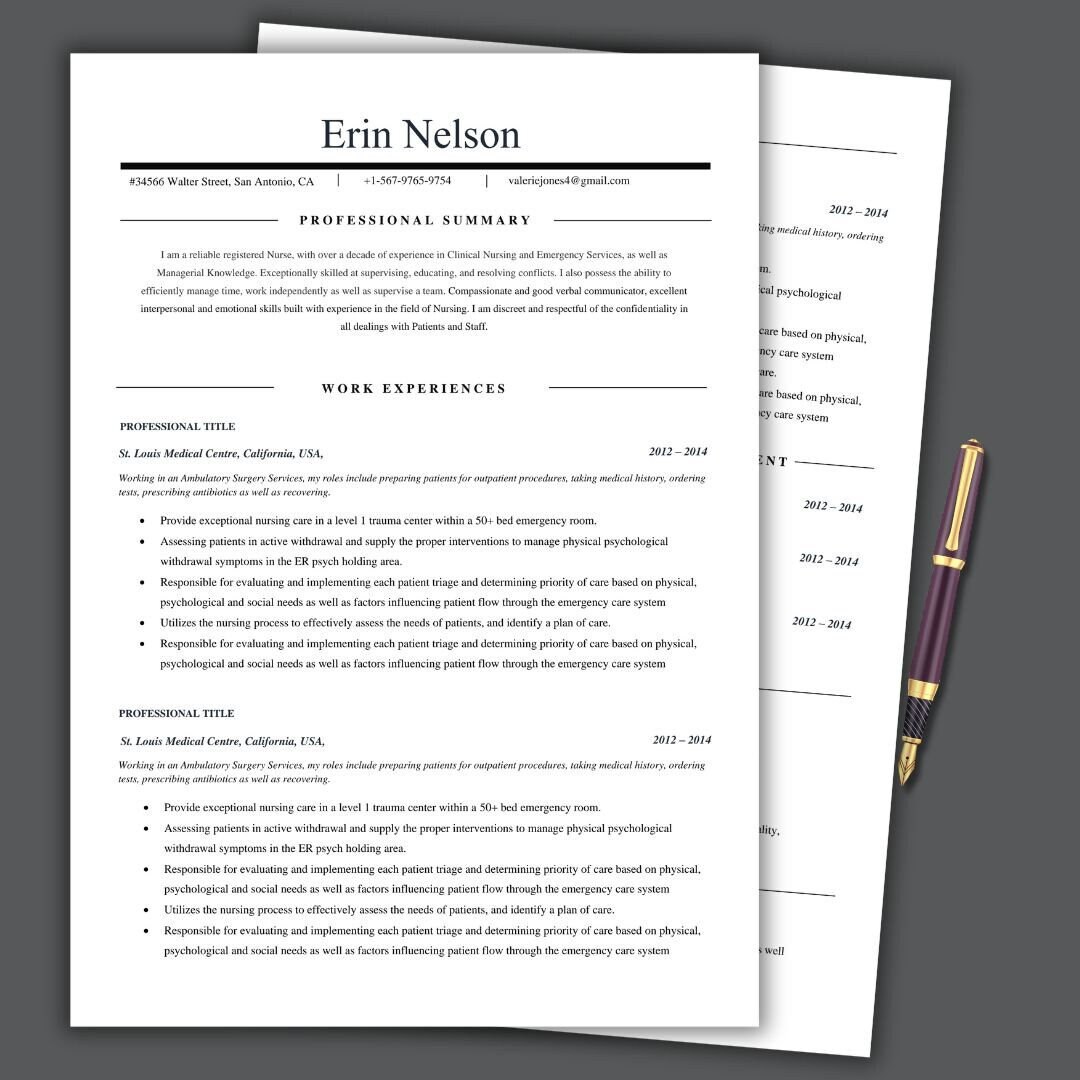 ATS Compliant Nurse Resume Template, Word Nurse Resume Template, Simple ...