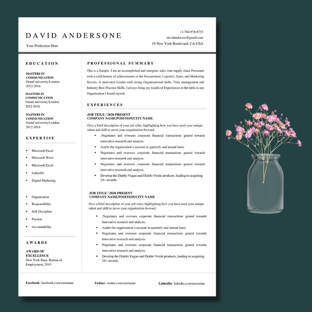 Minimalist Single Page Resume Template, Word Resume Template, Pro ...