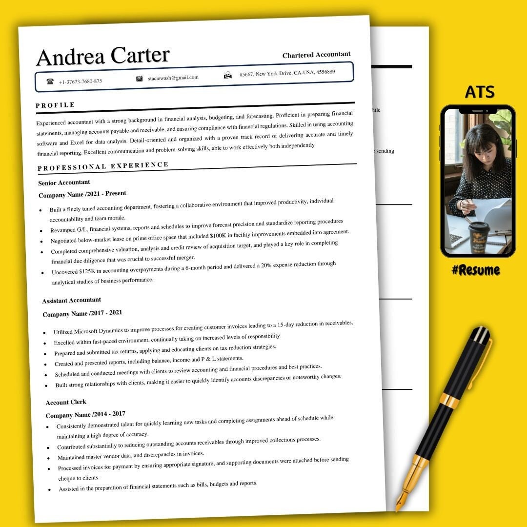 Chartered Accountant Resume Template, Word Resume CV, Matching Cover ...