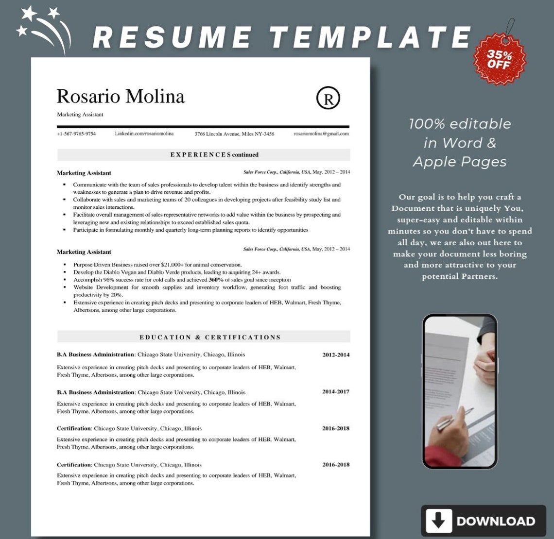 Pro Structured Resume Template, Word Editable Resume, Matching Cover ...