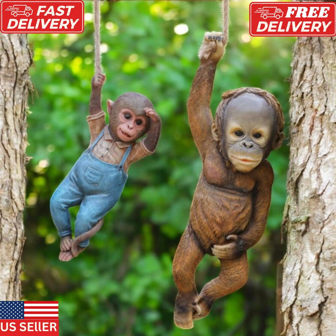Hanging Monkey Garden Ornament – Realistic Chimp Rope Statue | Outdoor ...