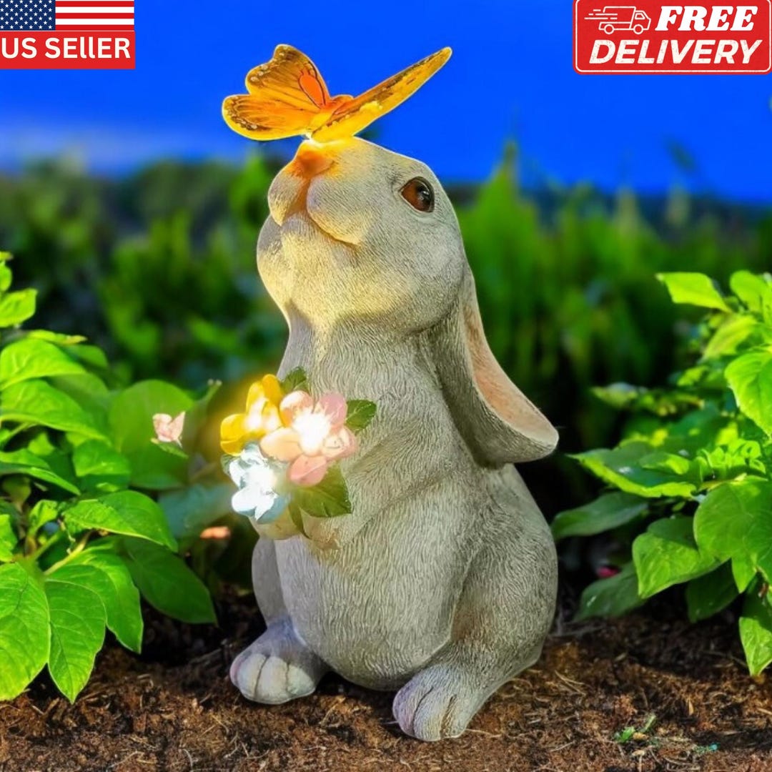 Solar Bunny Statue Garden Decor - LED Butterfly Light Resin Animal ...