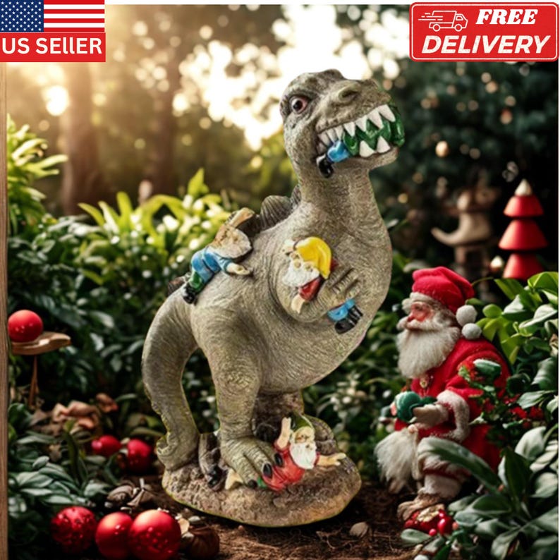 Dinosaur Eating Gnomes Statue - Funny Resin Garden Decor - Outdoor Yard ...