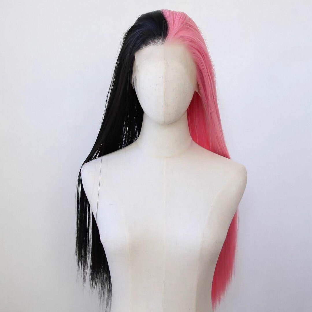 Black and Pink Two-tone Lace Front Natural Wig Super Long Straight Hair ...