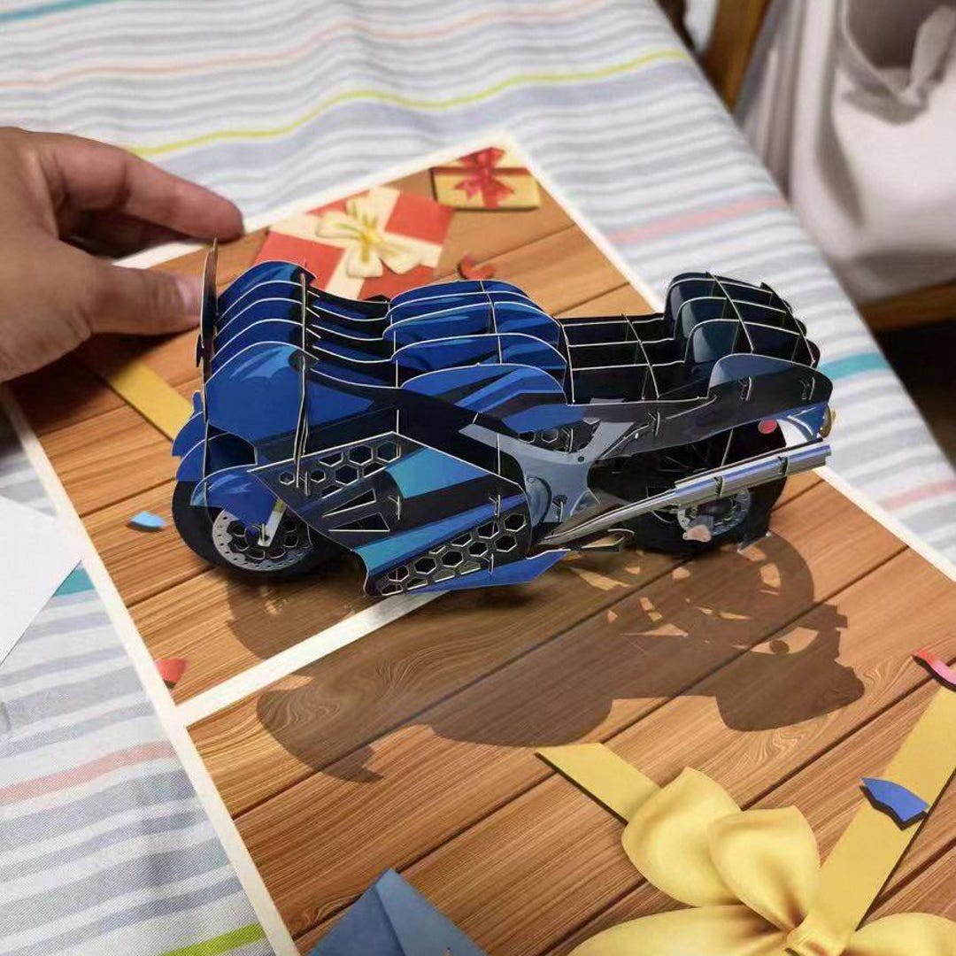 3D Punk Motorcycle Greeting Card - Creative Blue Motorcycle 3D Card, a ...