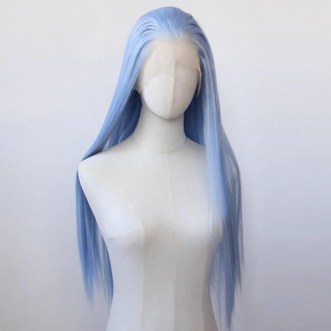 Light Blue Lace Front Natural Wig Extra Long Straight Full Wig Set Sky ...