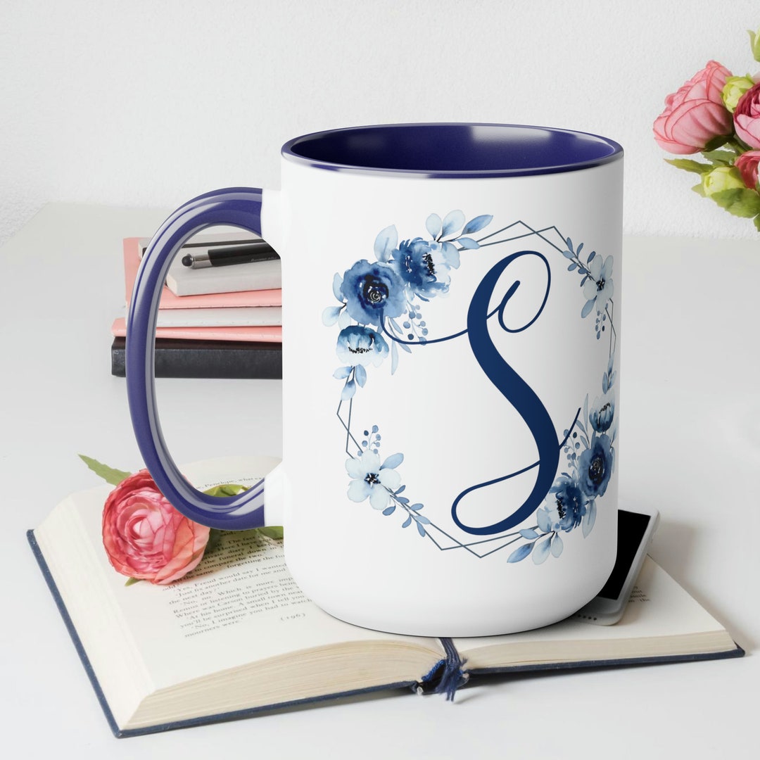 Custom Blue Initial Coffee Mug 15oz, Personalized Coffee Mug, Monogram ...