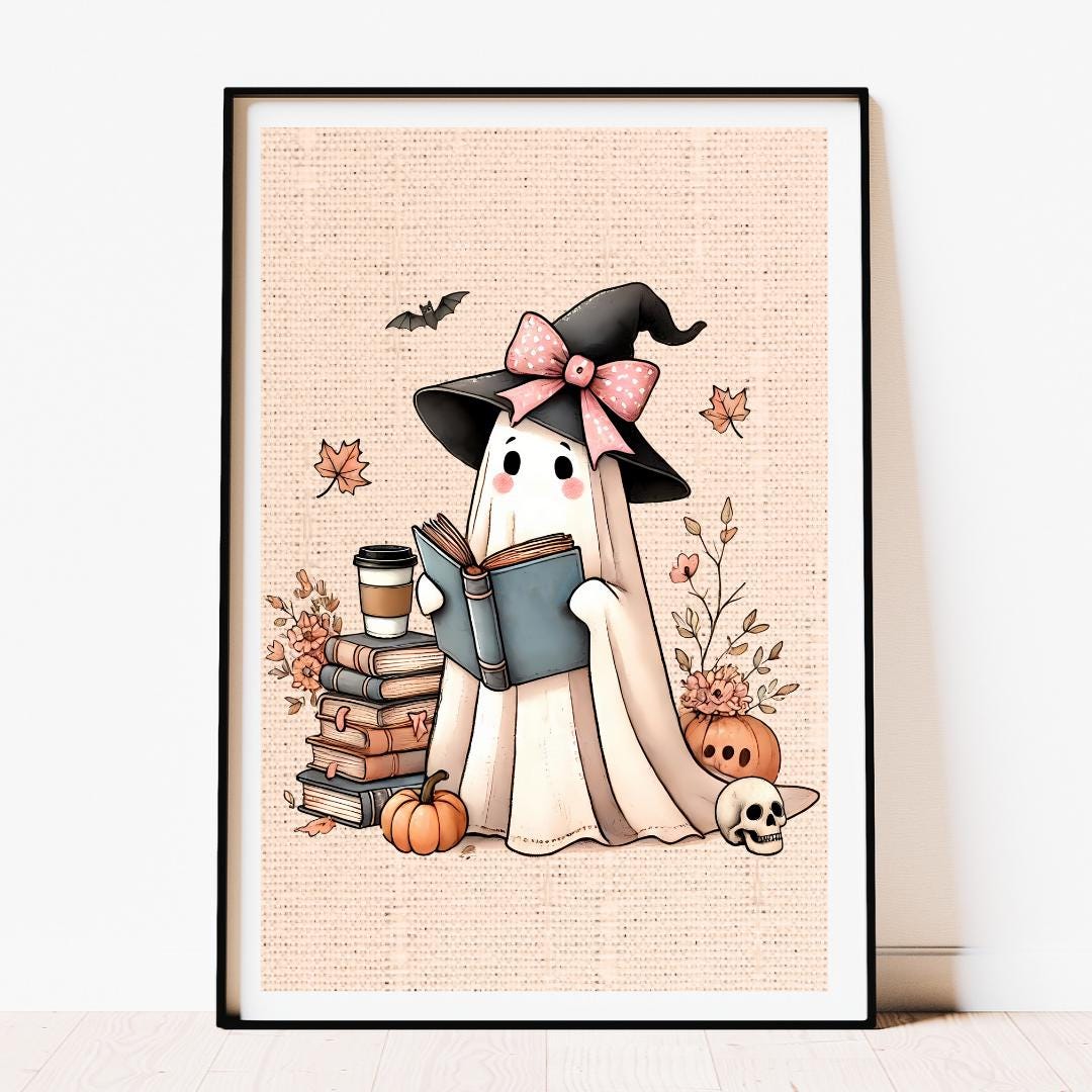 Cute Ghost Reading Book W/ Coffee Digital Print Cozy Halloween Wall Art ...