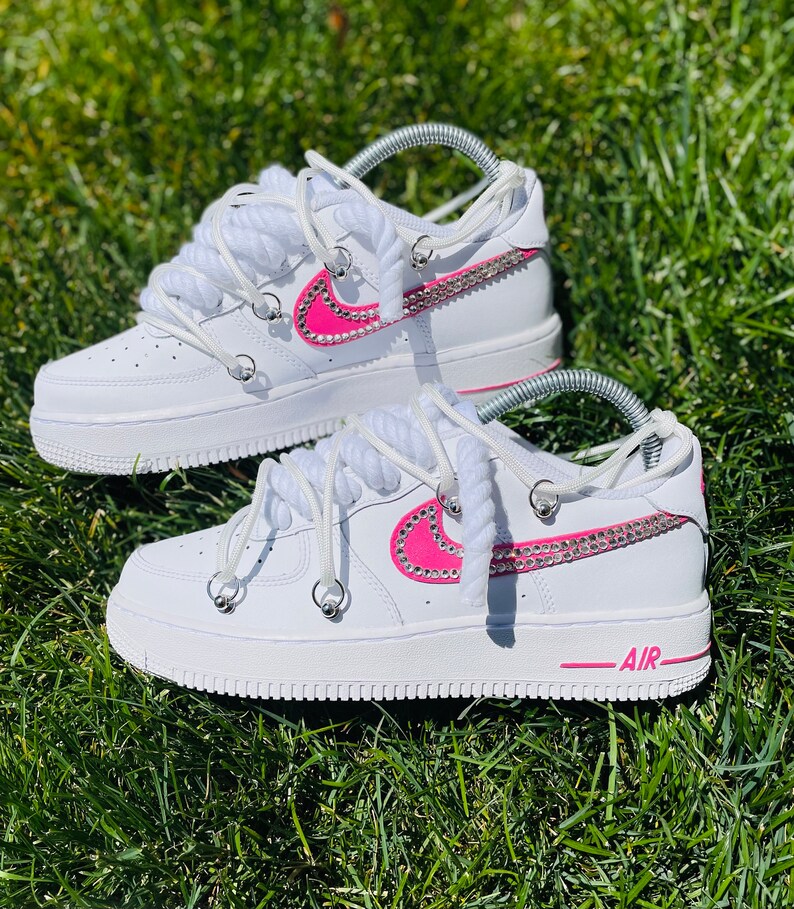 White Air Force 1 bling Hot Pink With Thick White Rope Laces Air Force ...
