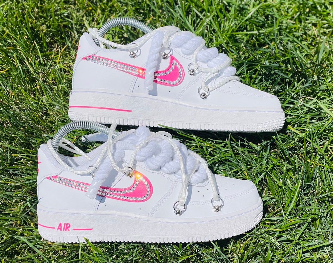 White Air Force 1 “bling Hot Pink” With Thick White Rope Laces | Air ...