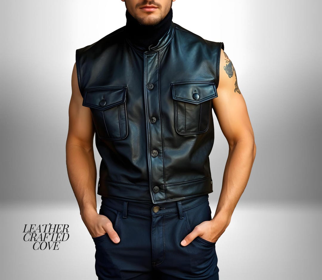 Mens Black Genuine Leather Vest Punk Vest Rave Outfits Fishing Vest ...