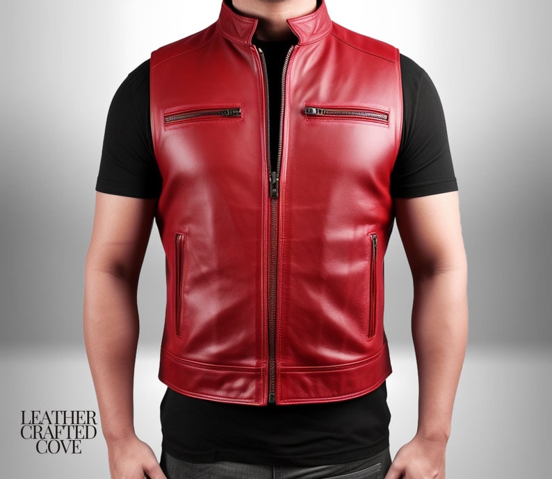 Genuine Leather Motorcycle Vest for Men Classic Red Leather Vest Real ...