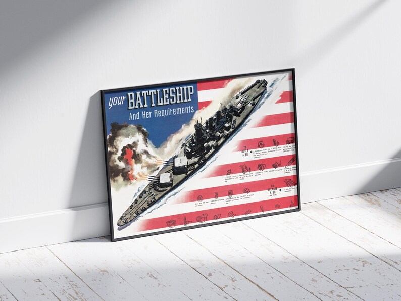 WW2 Battleship Poster | Large Newsmap Print WWII American Navy Ships ...