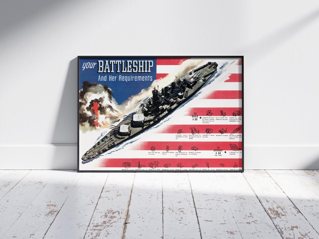 WW2 Battleship Poster | Large Newsmap Print WWII American Navy Ships ...
