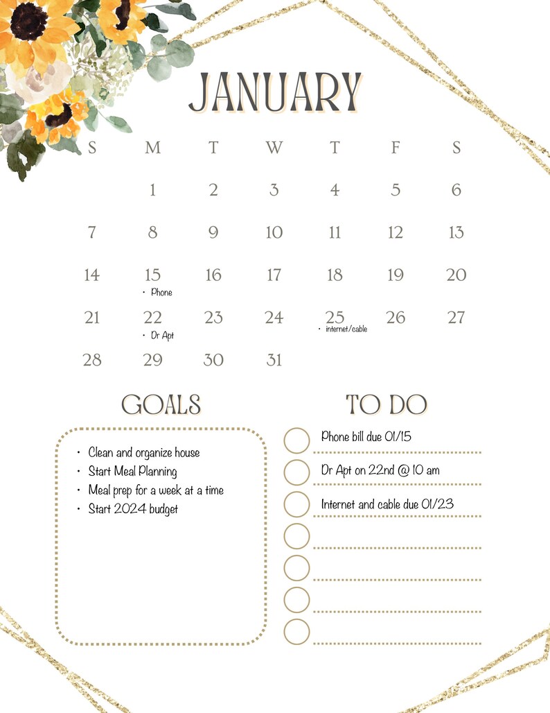 Calendario Imprimible 2024 / Girasoles / Tamaño Carta / Metas Mensuales & Listas de Tareas ...