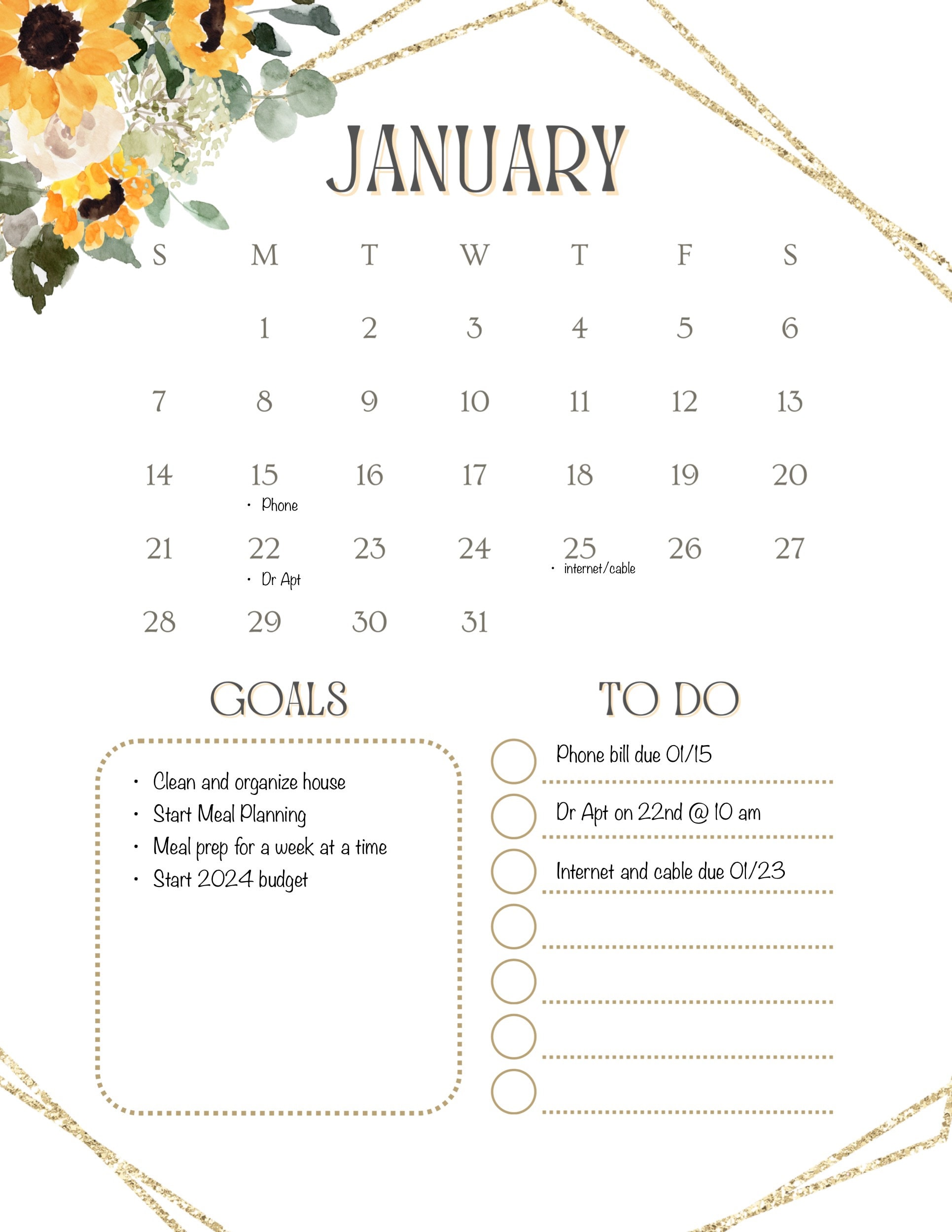 Printable Calendar 2024 | Sunflowers | Letter Size| Monthly Goals & to ...