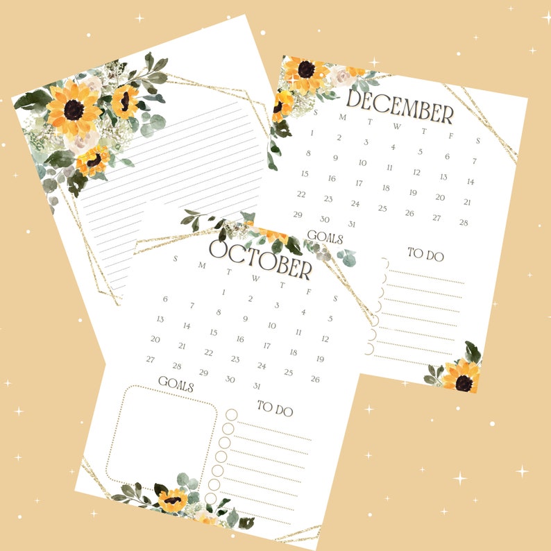 Calendario Imprimible 2024 / Girasoles / Tamaño Carta / Metas Mensuales & Listas de Tareas ...
