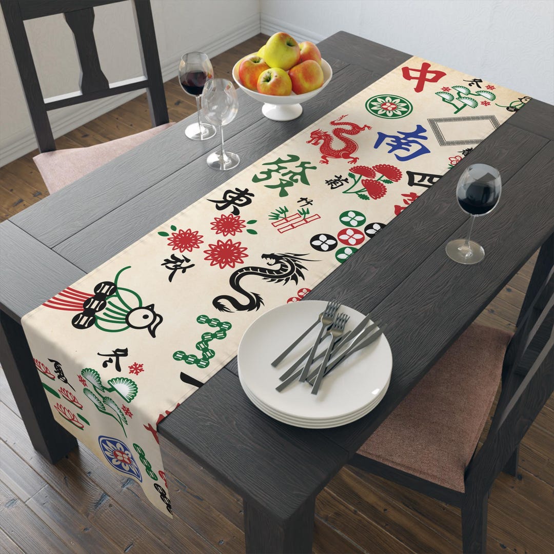 Mahjong Symbols Table Runner, Parchment Background, Mahj, Kitchen Decor ...