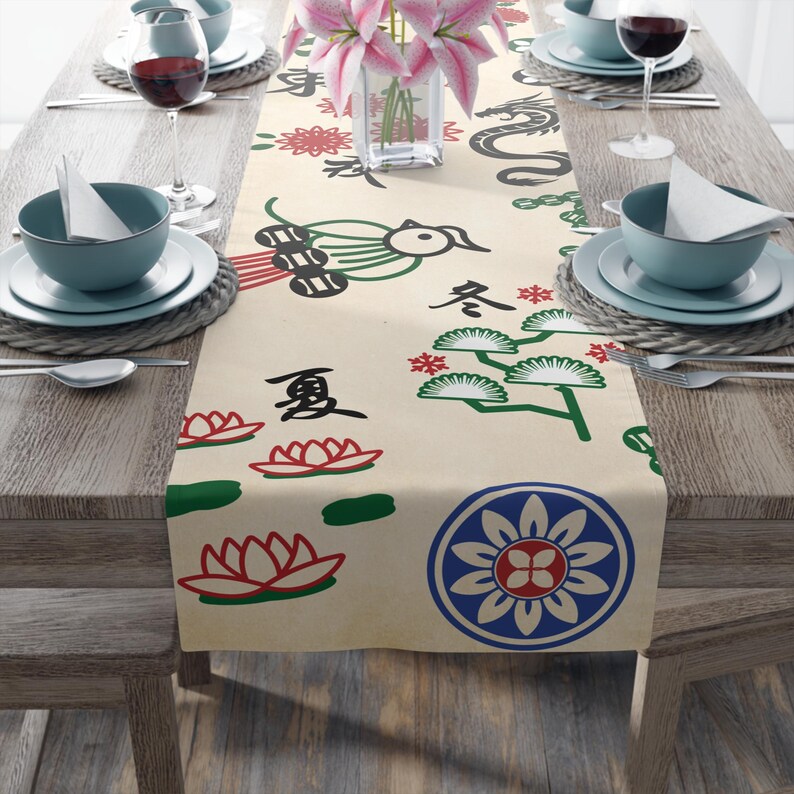 Mahjong Symbols Table Runner, Parchment Background, Mahj, Kitchen Decor ...