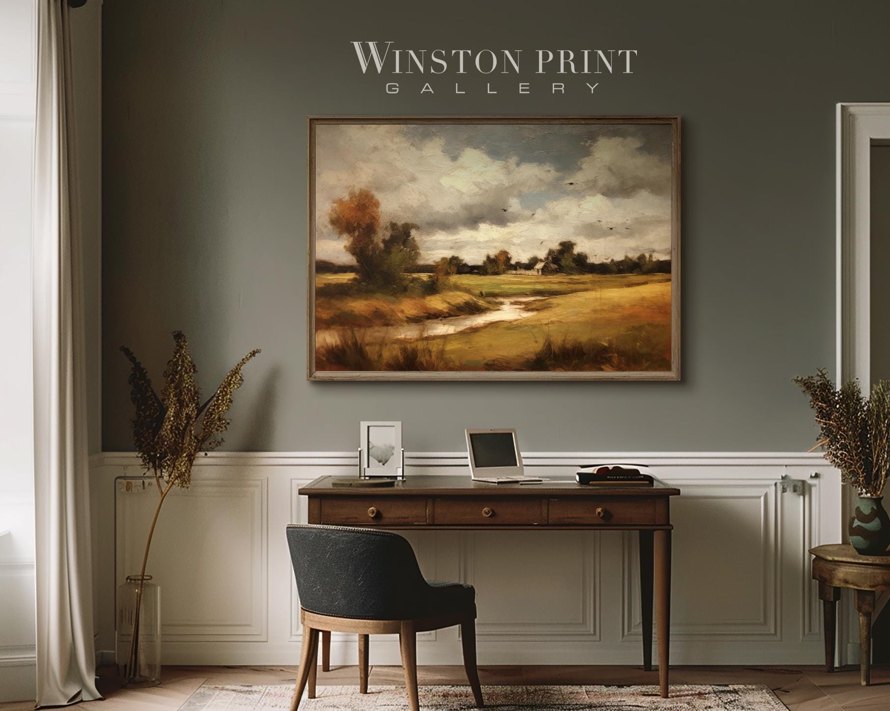 Classic Landscape Warm: Scenic Painting, Field and Clouds, Rustic Fine ...