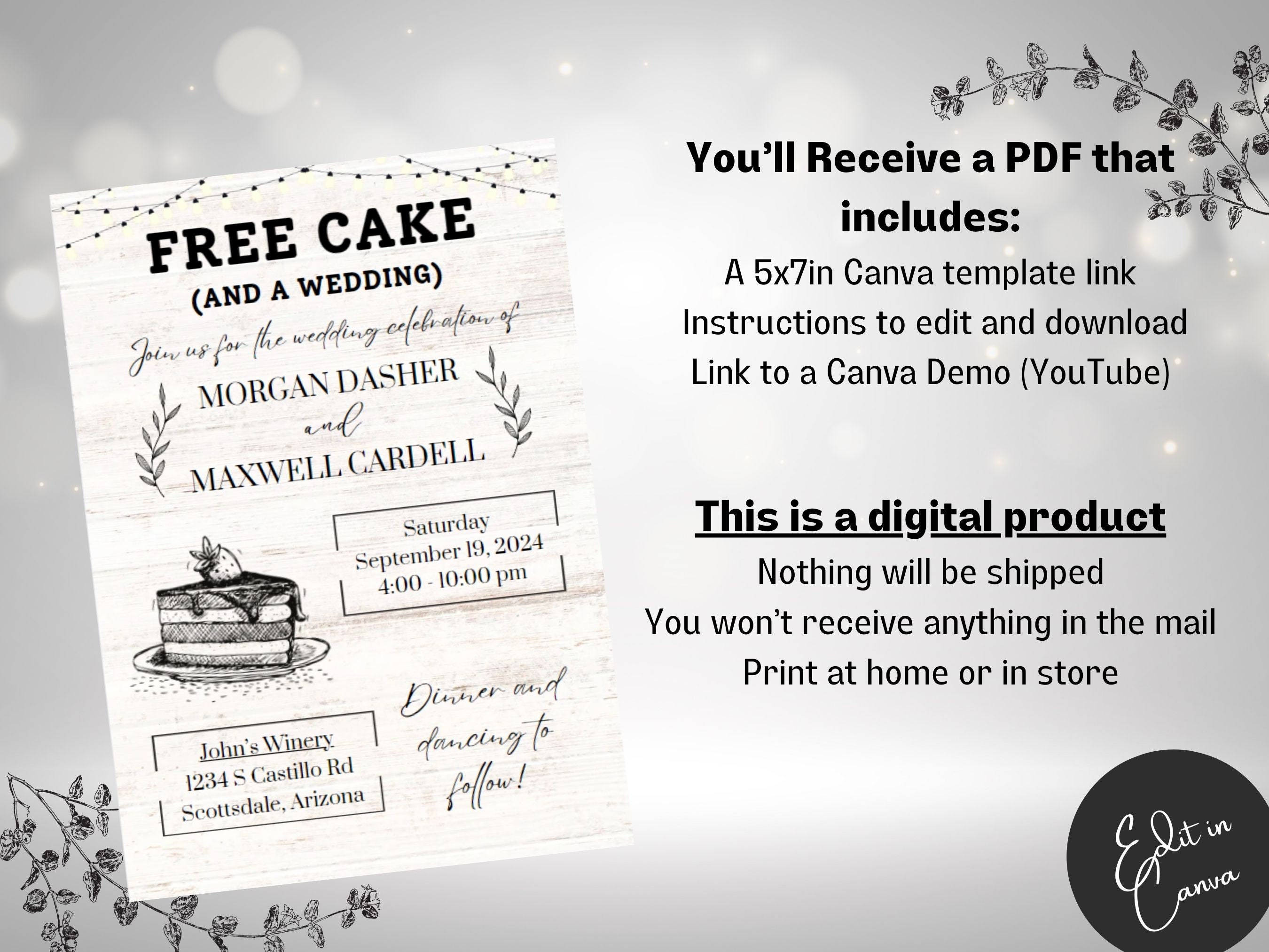 Editable Funny Wedding Invitation, Printable Wedding Invite, Free Cake ...