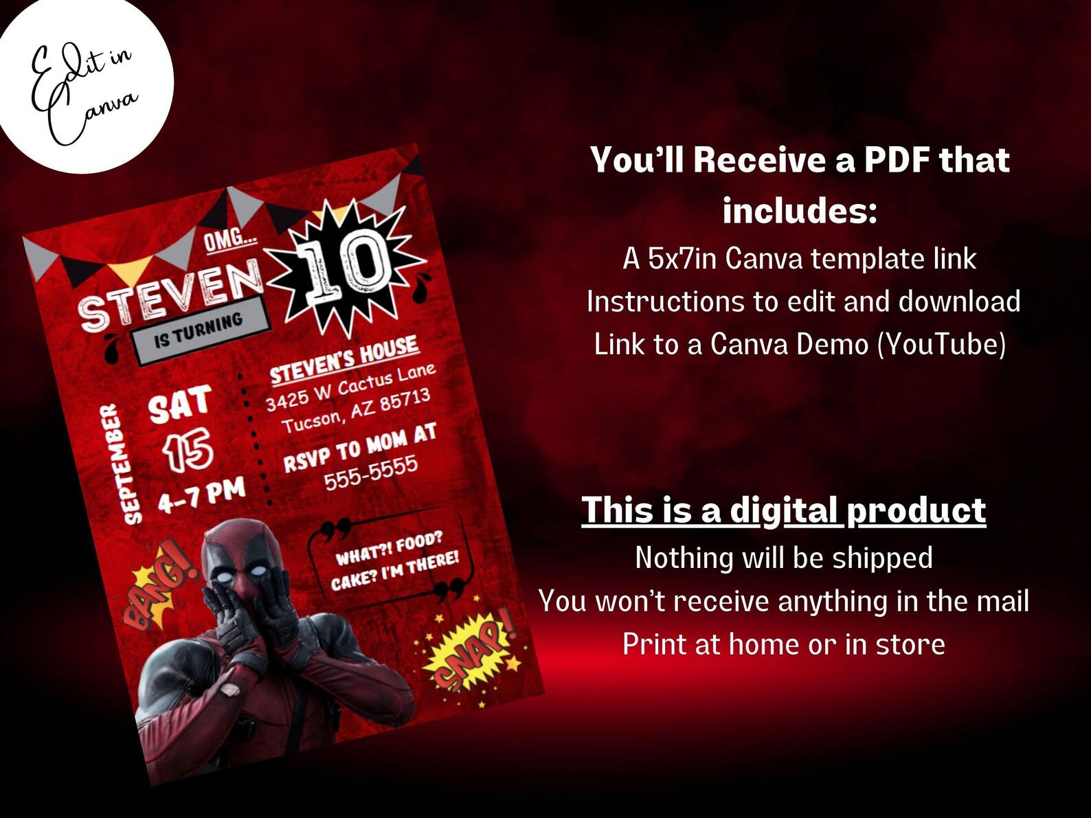 Deadpool Birthday Invitation, OMG Deadpool, Printable Invitation ...