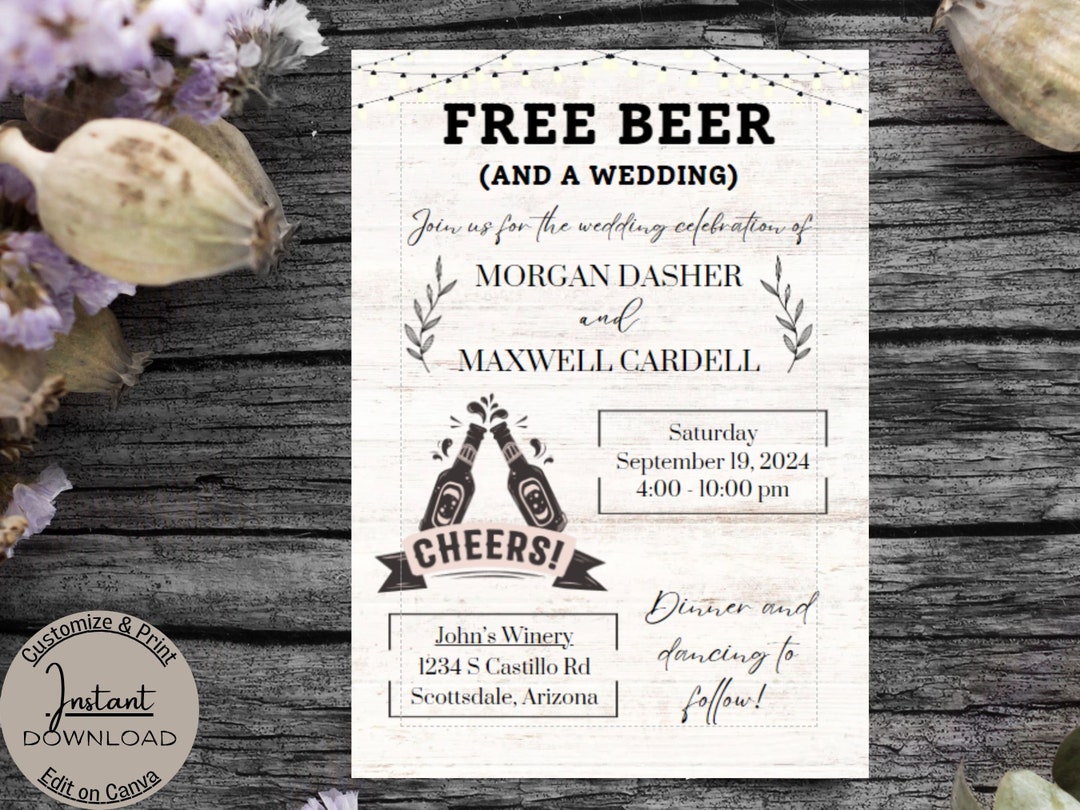 Editable Funny Wedding Invitation, Printable Wedding Invite, Free Beer ...