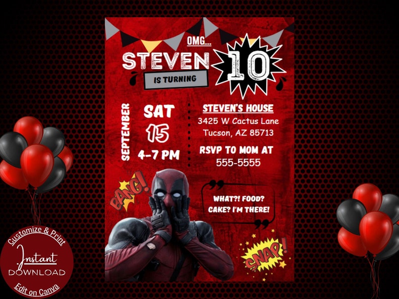 Deadpool Birthday Invitation, OMG Deadpool, Printable Invitation ...