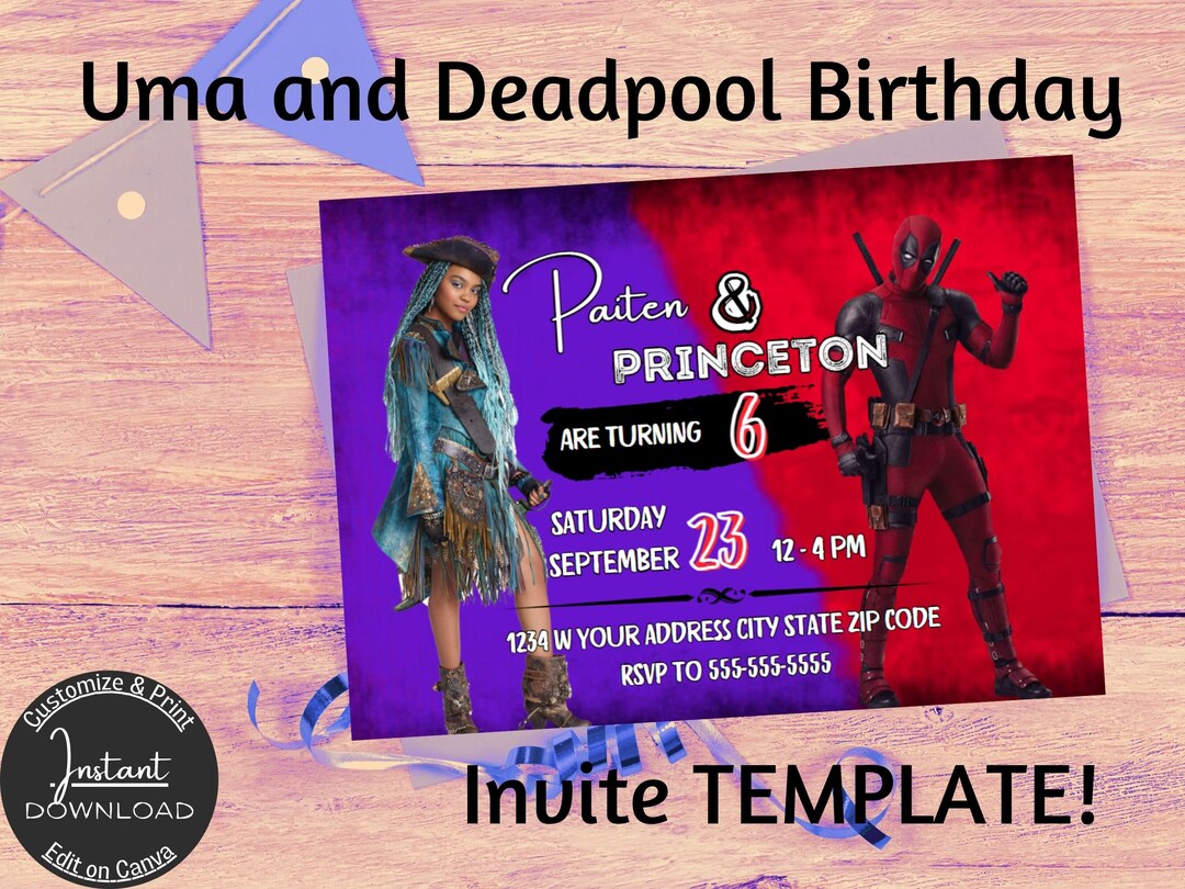 Uma and Deadpool Birthday Invitation, Twin or Sibling Birthday ...