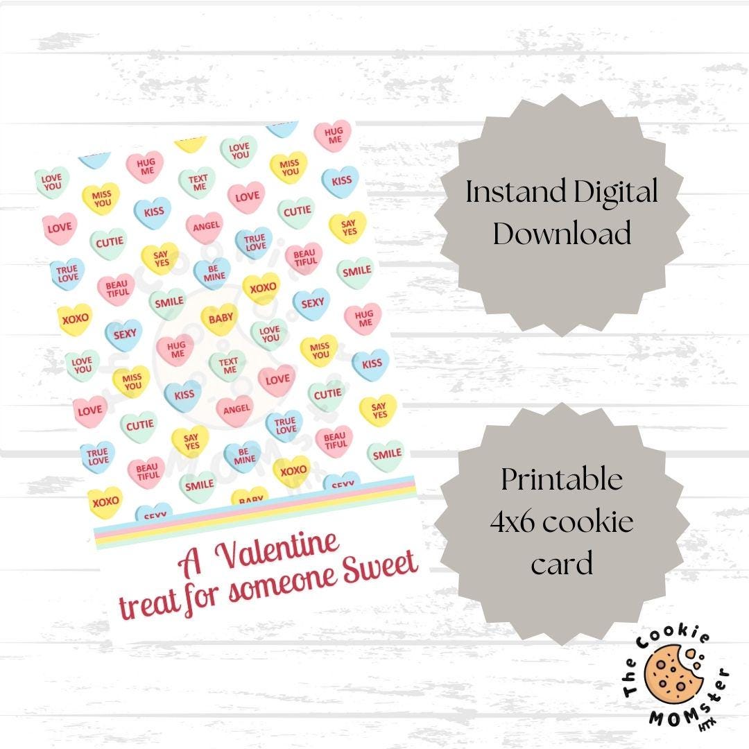 Printable Valentine's Cookie Card Conversational Hearts 4x6 Valentines ...