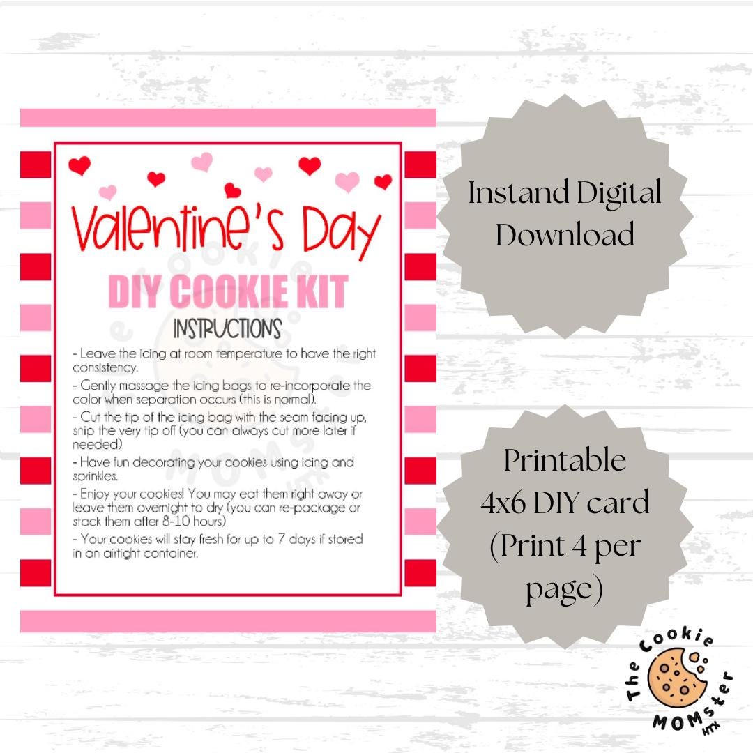 Valentines Printable DIY Cookie Kit Card | Printable Instructions Card ...