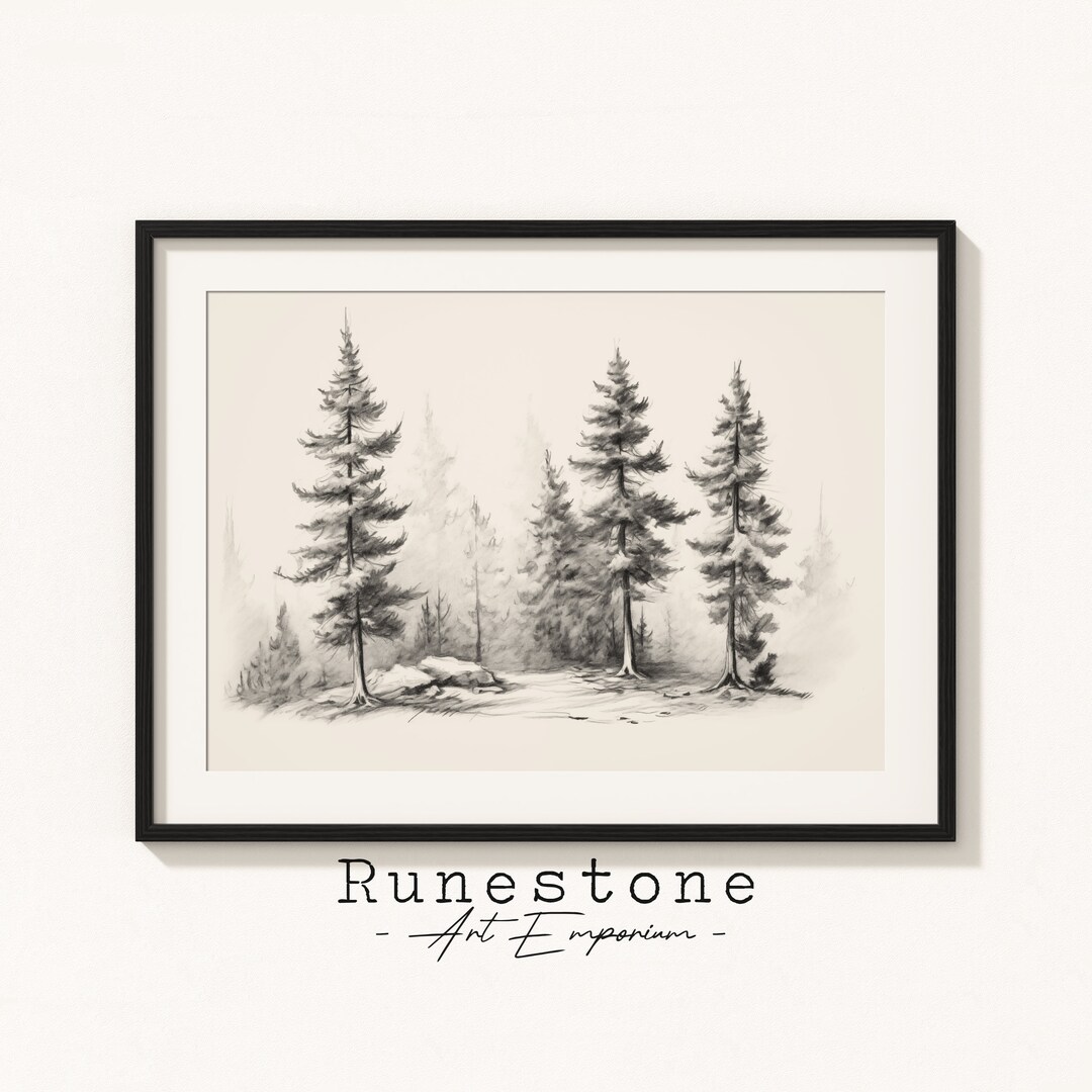 Pine Treeline Botanical Sketch | Forest Drawing | Minimal Landscape ...