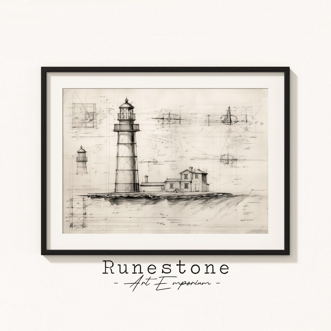 Lighthouse Architectural Illustration | Coastal Sketch | Black and ...