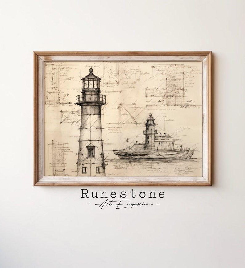 Antique Architecture Plans of Lighthouse | Rough Sketch | Minimal Wall ...