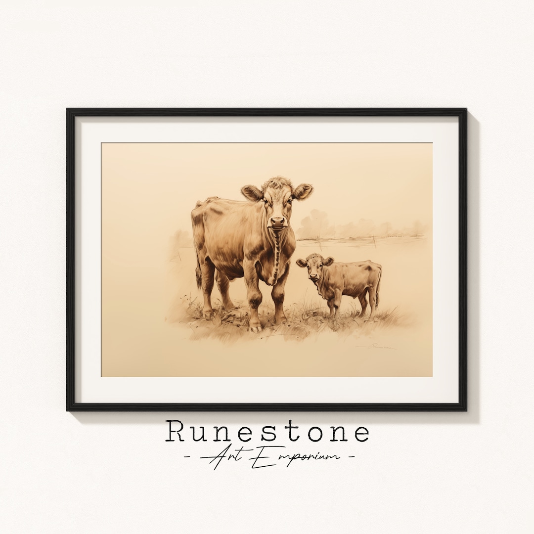 Vintage Cow and Calf Sketch | Country Farmyard Wall Art | Antique ...