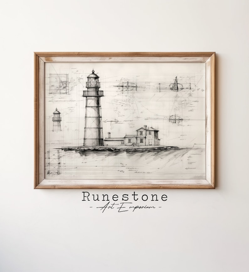 Lighthouse Architectural Illustration | Coastal Sketch | Black and ...