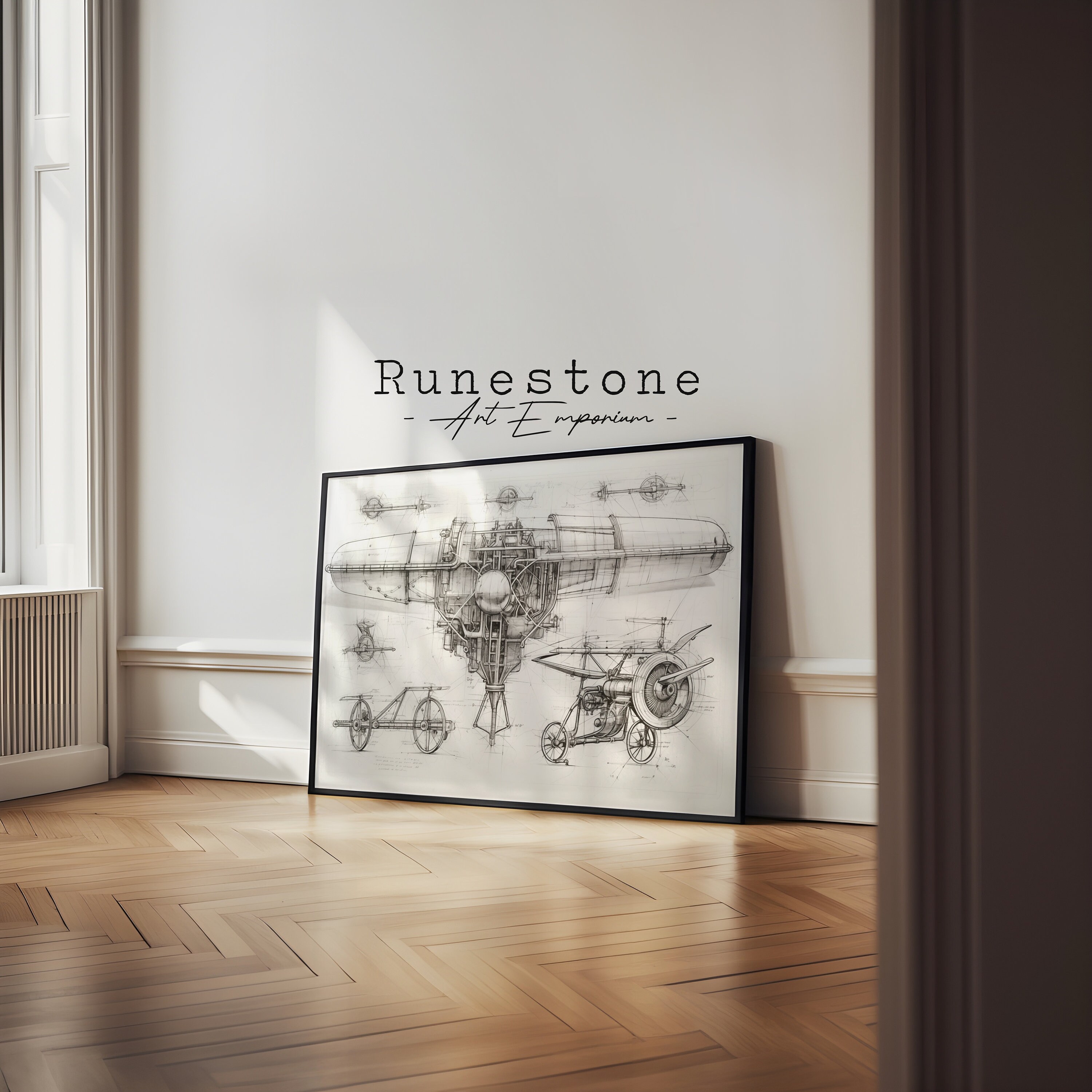 Fantasy Flying Machine Schematics Rough Blueprint Sketch Minimal Wall ...