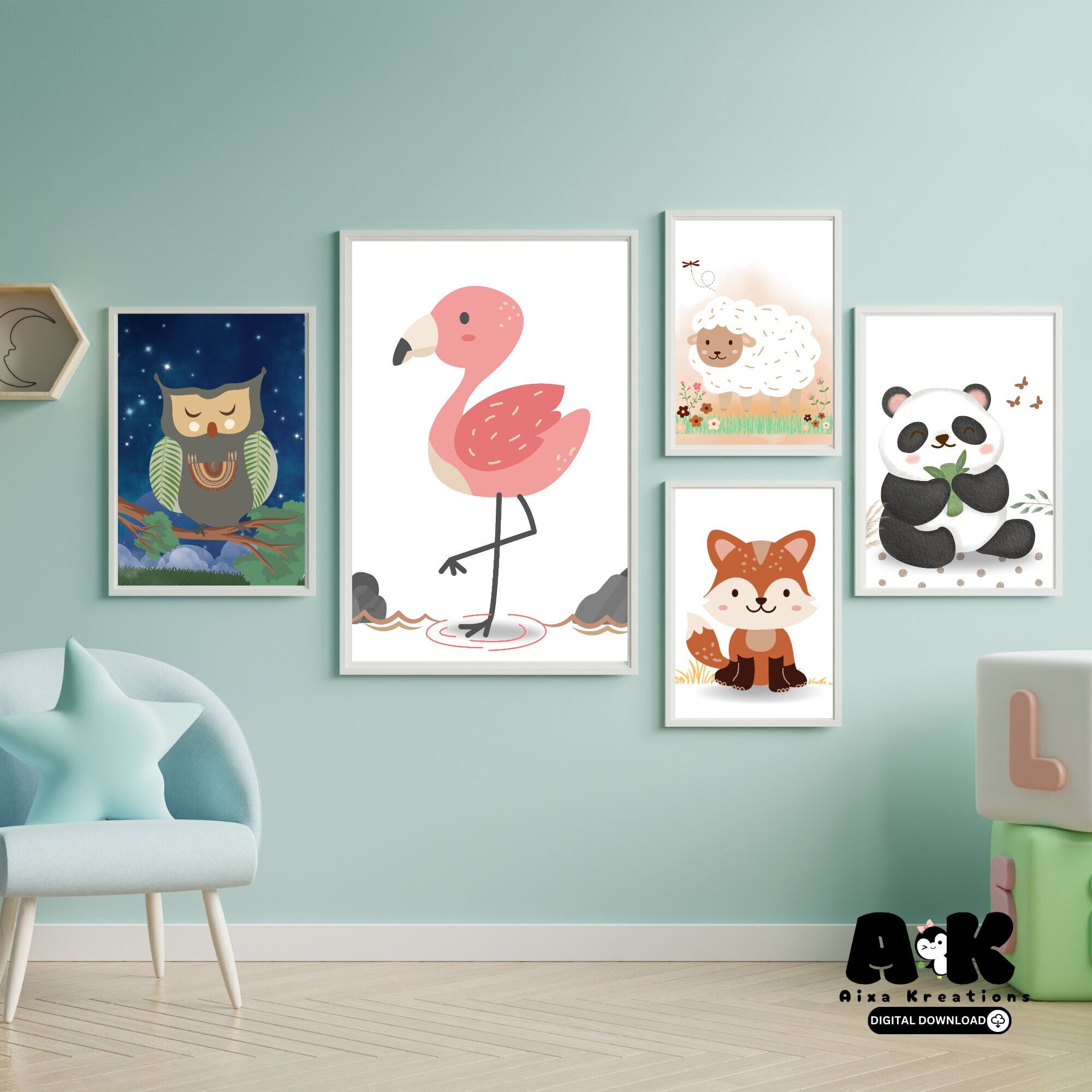Printable Set of 6 Animals Wall Art, Kids Room Decor, Downloadable Wall ...