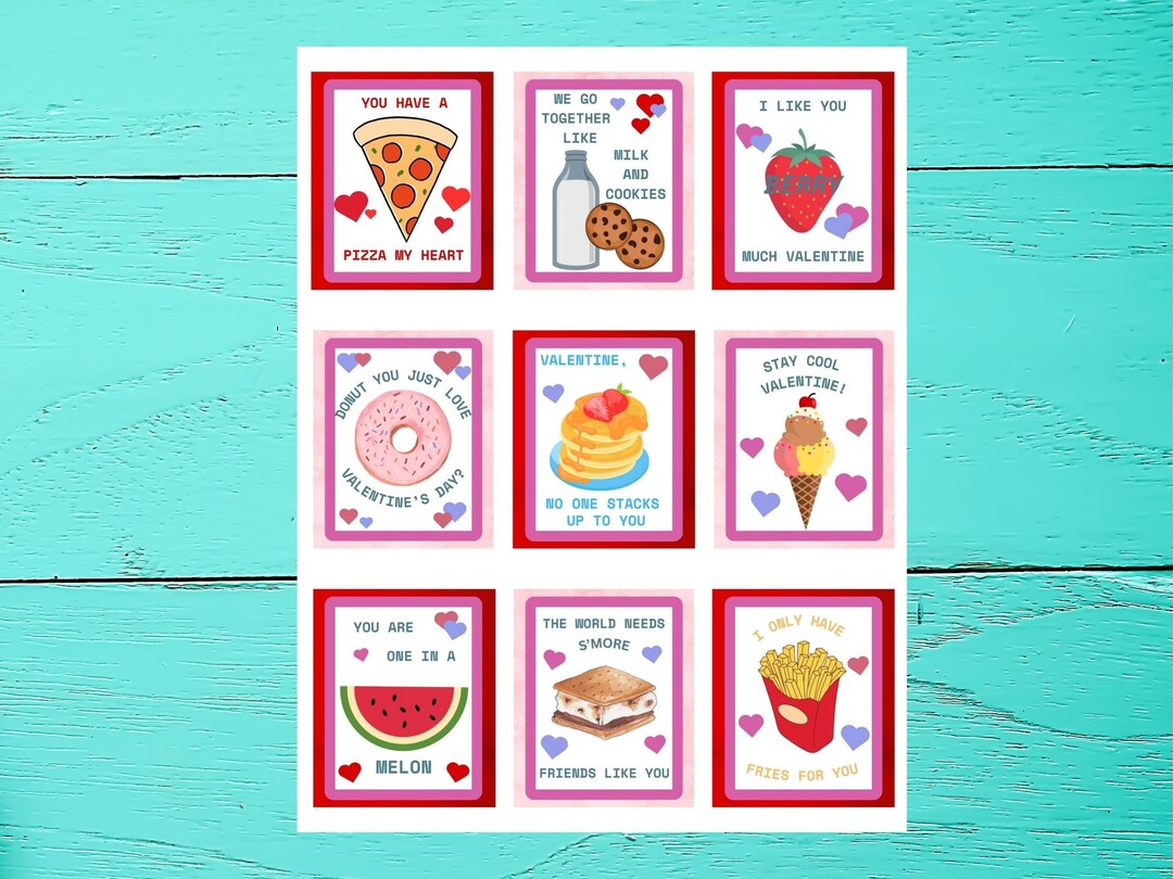 Printable Food Valentine's Day Cards, Classroom Valentine's Day Cards ...