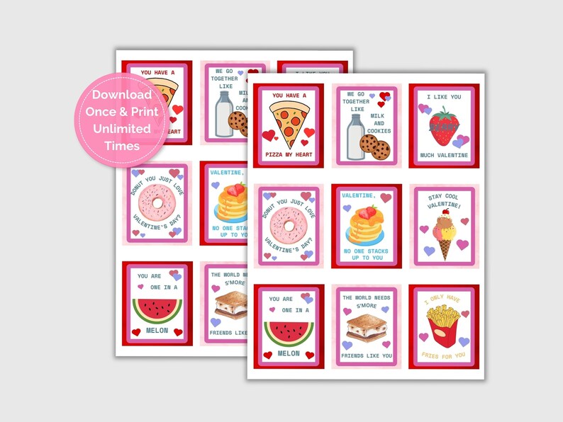 Printable Food Valentine's Day Cards, Classroom Valentine's Day Cards ...