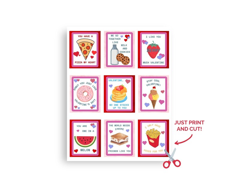 Printable Food Valentine's Day Cards, Classroom Valentine's Day Cards ...