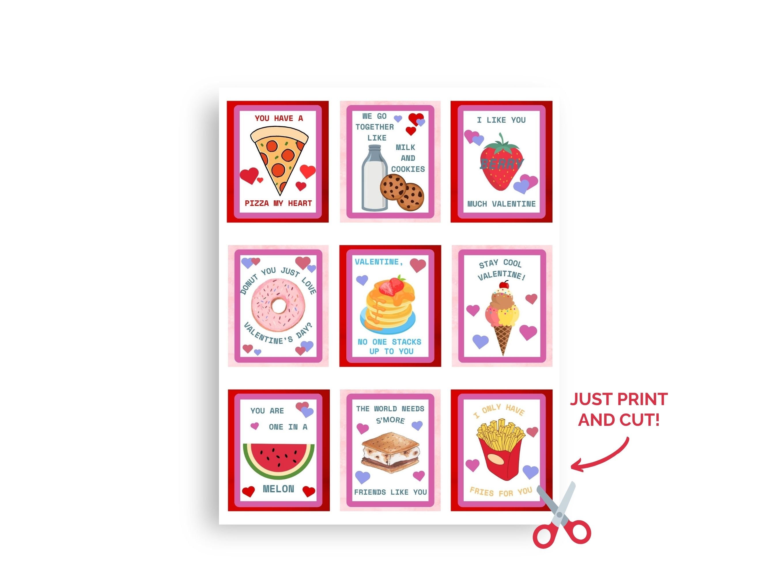 Printable Food Valentine's Day Cards, Classroom Valentine's Day Cards ...