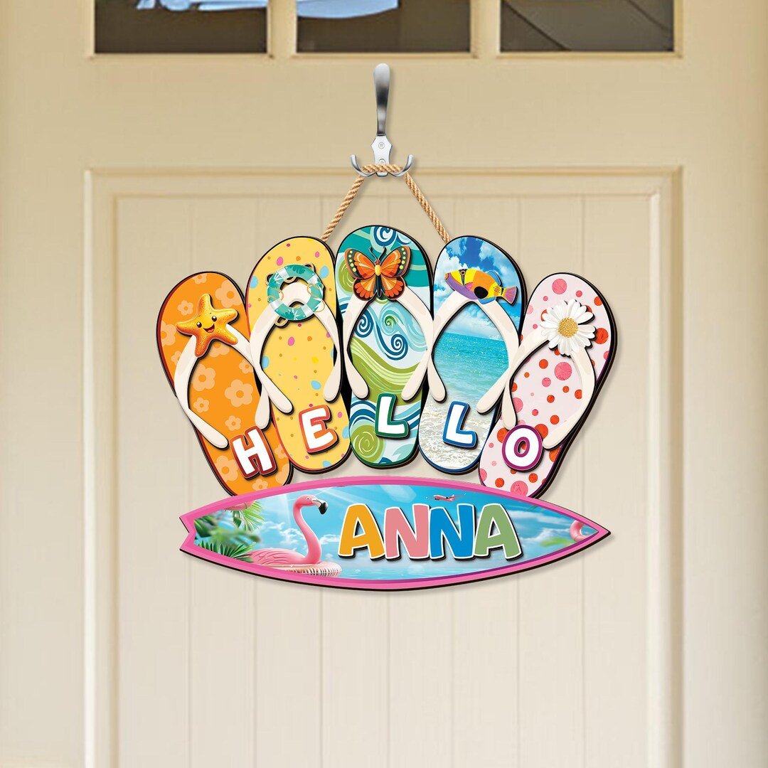 Personalized Flip Flop Door Sign, Custom Name Wooden Door Sign, Summer ...