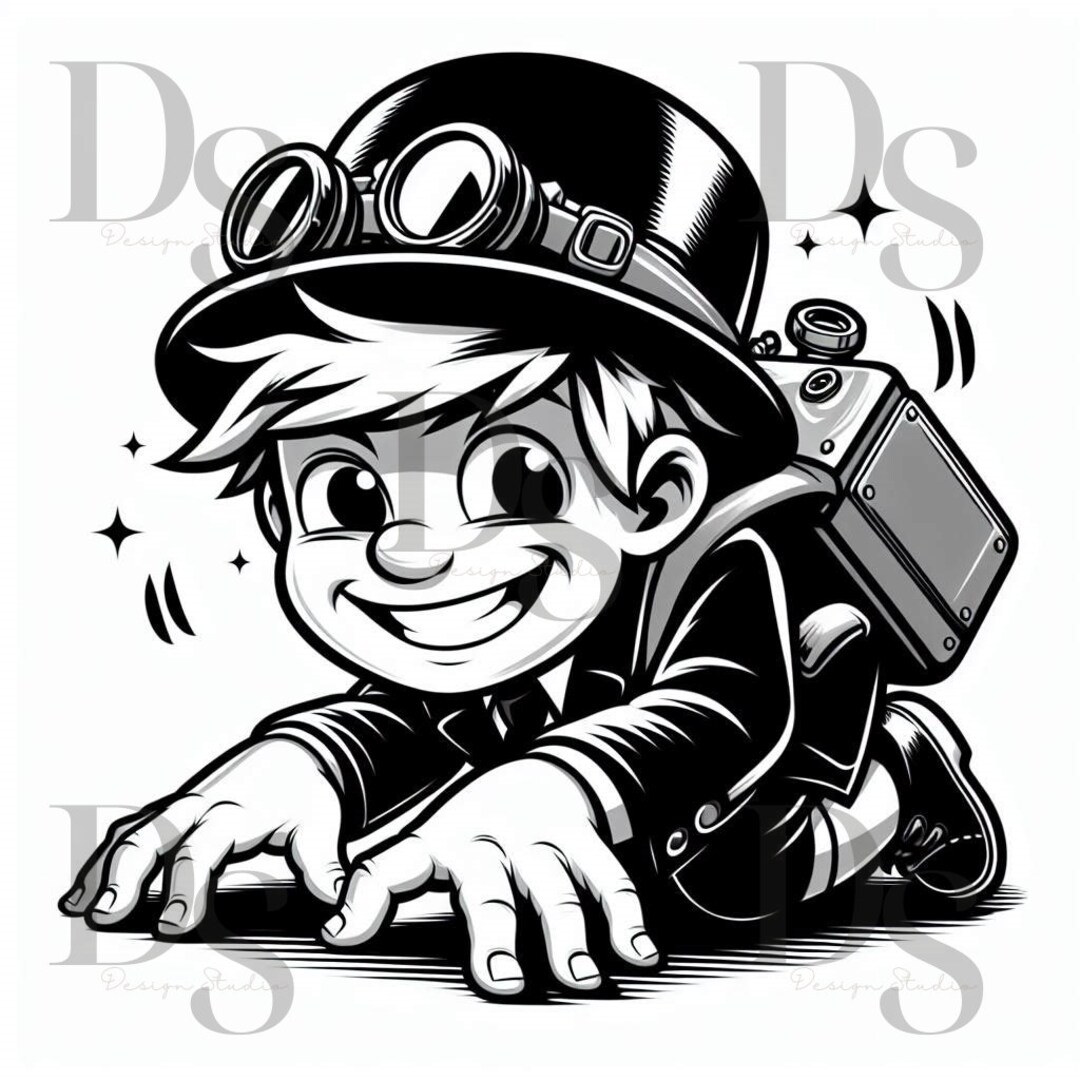 Steampunk Kid Cartoon PNG & SVG, Vintage Retro Clipart, DIY Digital ...