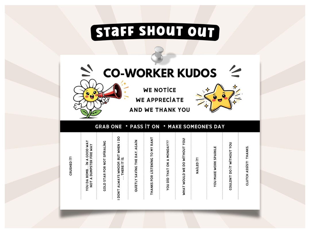 Employee Kudos and Staff Shout Out Tear and Share Office Printable ...