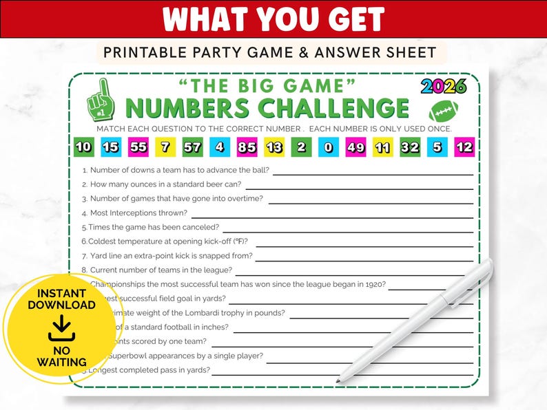 Football Game Day Printable Numbers Game, Tailgate Party Games (instant ...