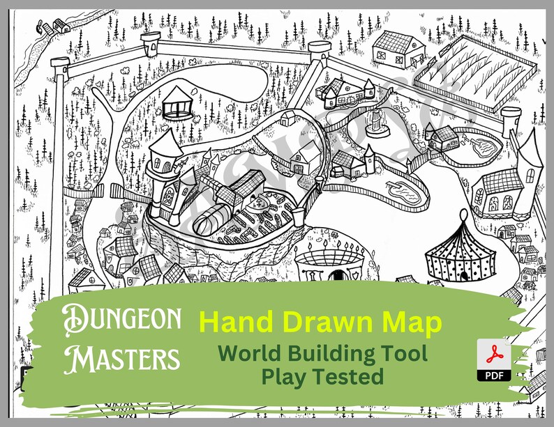 Hand-drawn Fantasy Map for Dungeon Masters RPG Colouring Page Digital ...
