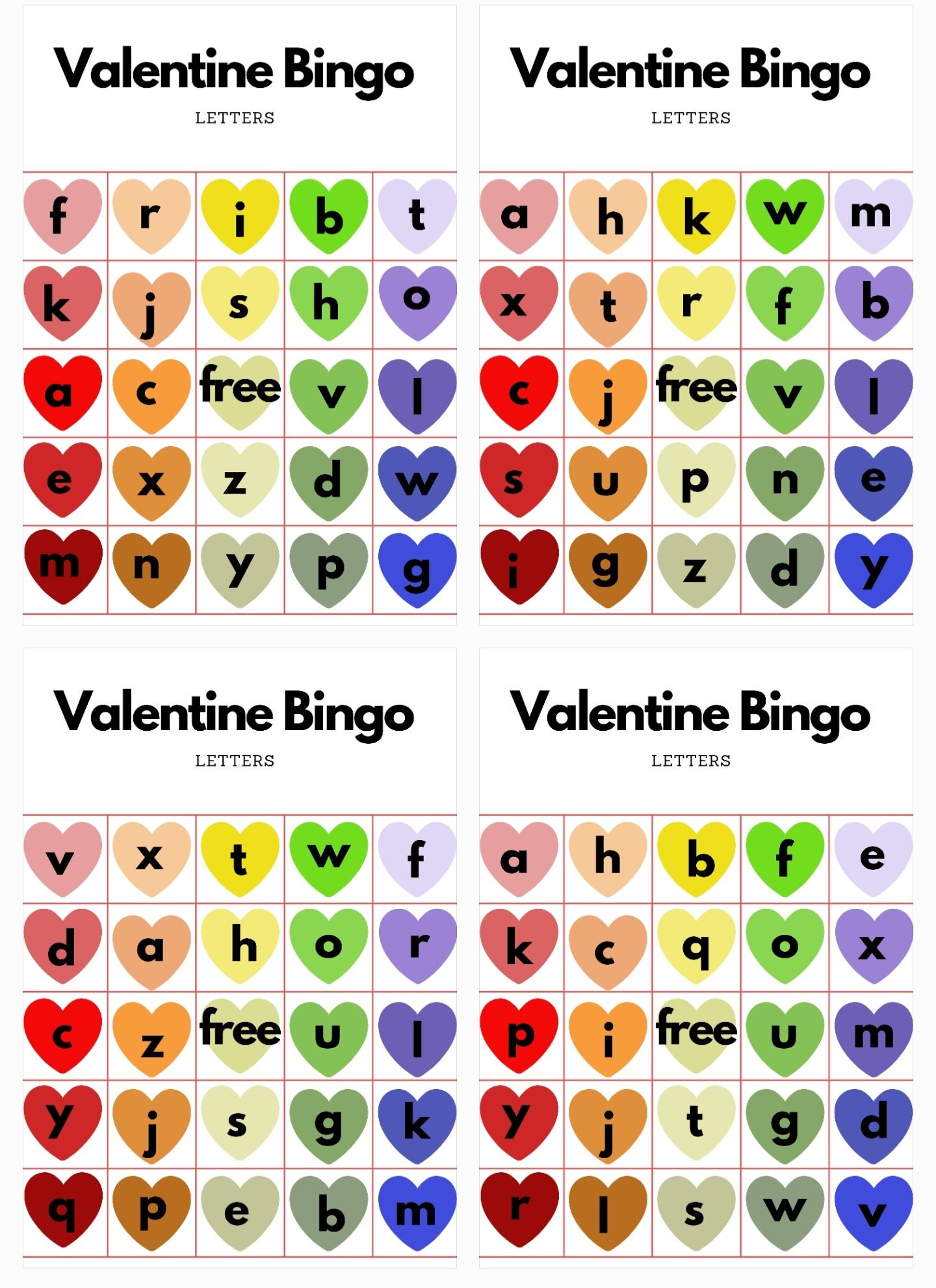Printable Valentine Letter Bingo 10 Unique Cards Kindergarten Preschool ...