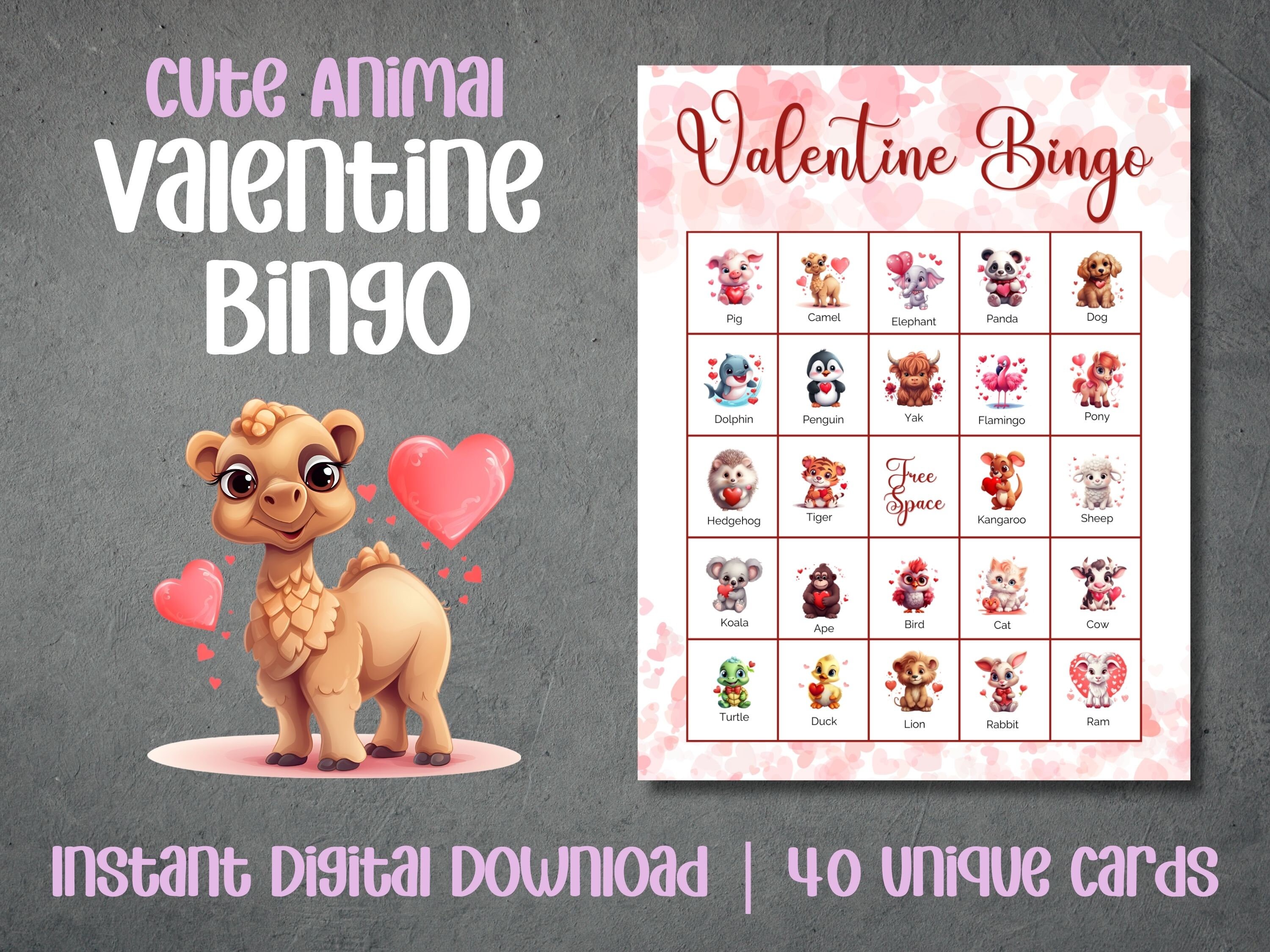 Valentine Bingo Printable Cute Animal Designs 40 Unique Cards Digital ...